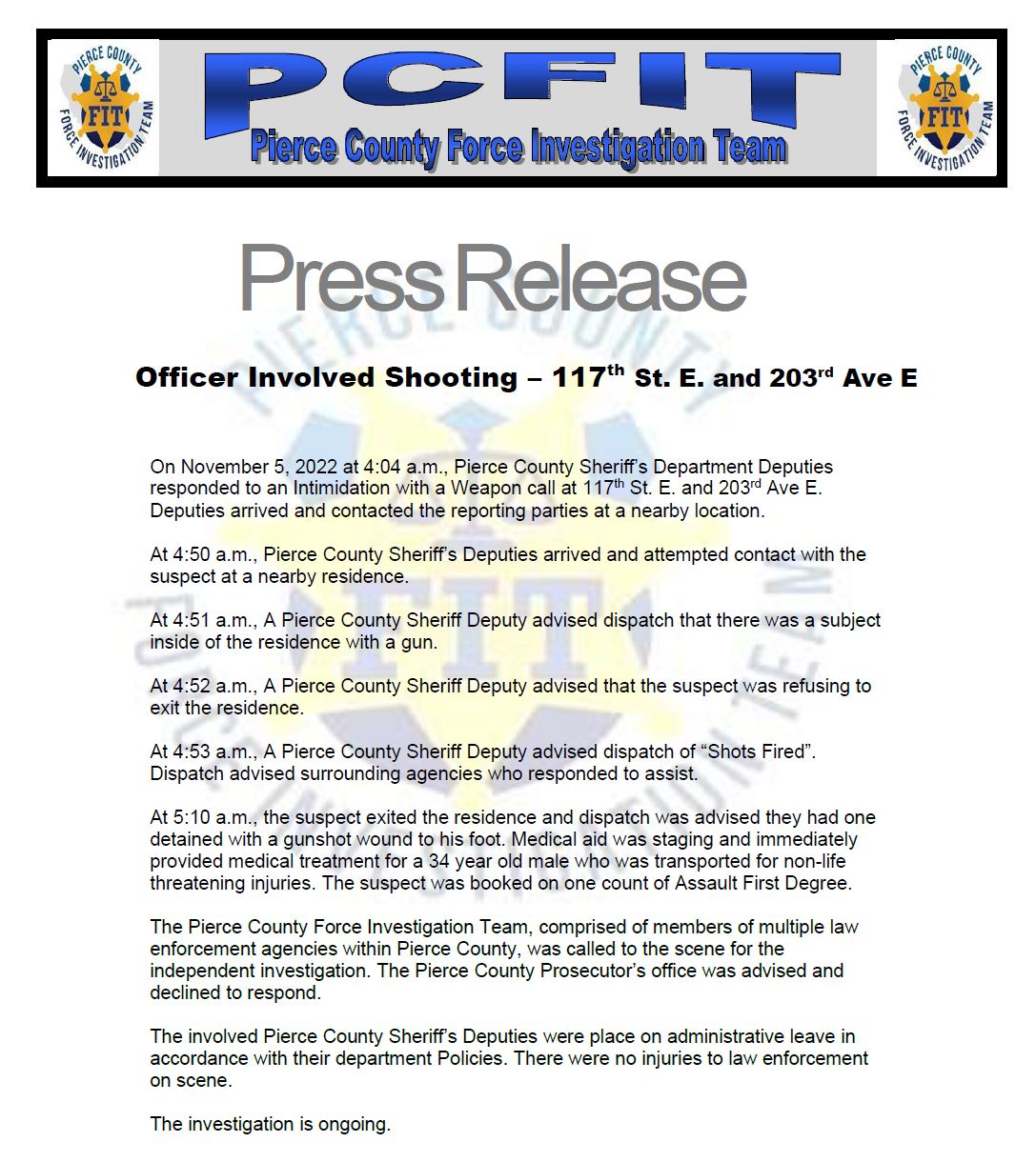 Deputy Involved Shooting in Bonney Lake - Pierce County Sheriff's Office Blotter